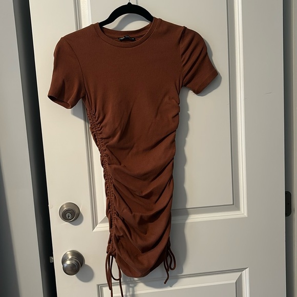 Zara | Dresses | Zara Ruched Brown Mini Dress | Poshmark